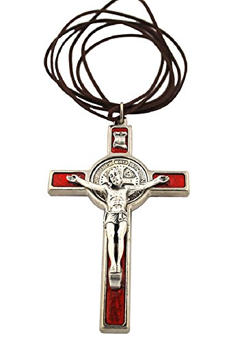 St. Benedict Crucifix with Round St. Benedict Medal Inlay | 3" Silver-Tone and Red Enamel Cross with Cord and Booklet | Patron Saint of Students and Europe | Made in Italy