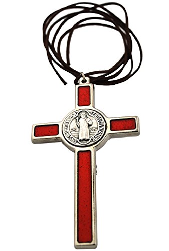 St. Benedict Crucifix with Round St. Benedict Medal Inlay | 3" Silver-Tone and Red Enamel Cross with Cord and Booklet | Patron Saint of Students and Europe | Made in Italy