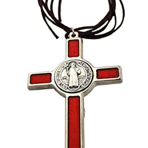 St. Benedict Crucifix with Round St. Benedict Medal Inlay | 3" Silver-Tone and Red Enamel Cross with Cord and Booklet | Patron Saint of Students and Europe | Made in Italy