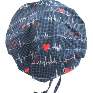 Bouffant Navy Blue Heart Beat EKG Scrub Cap with Adjustable tie