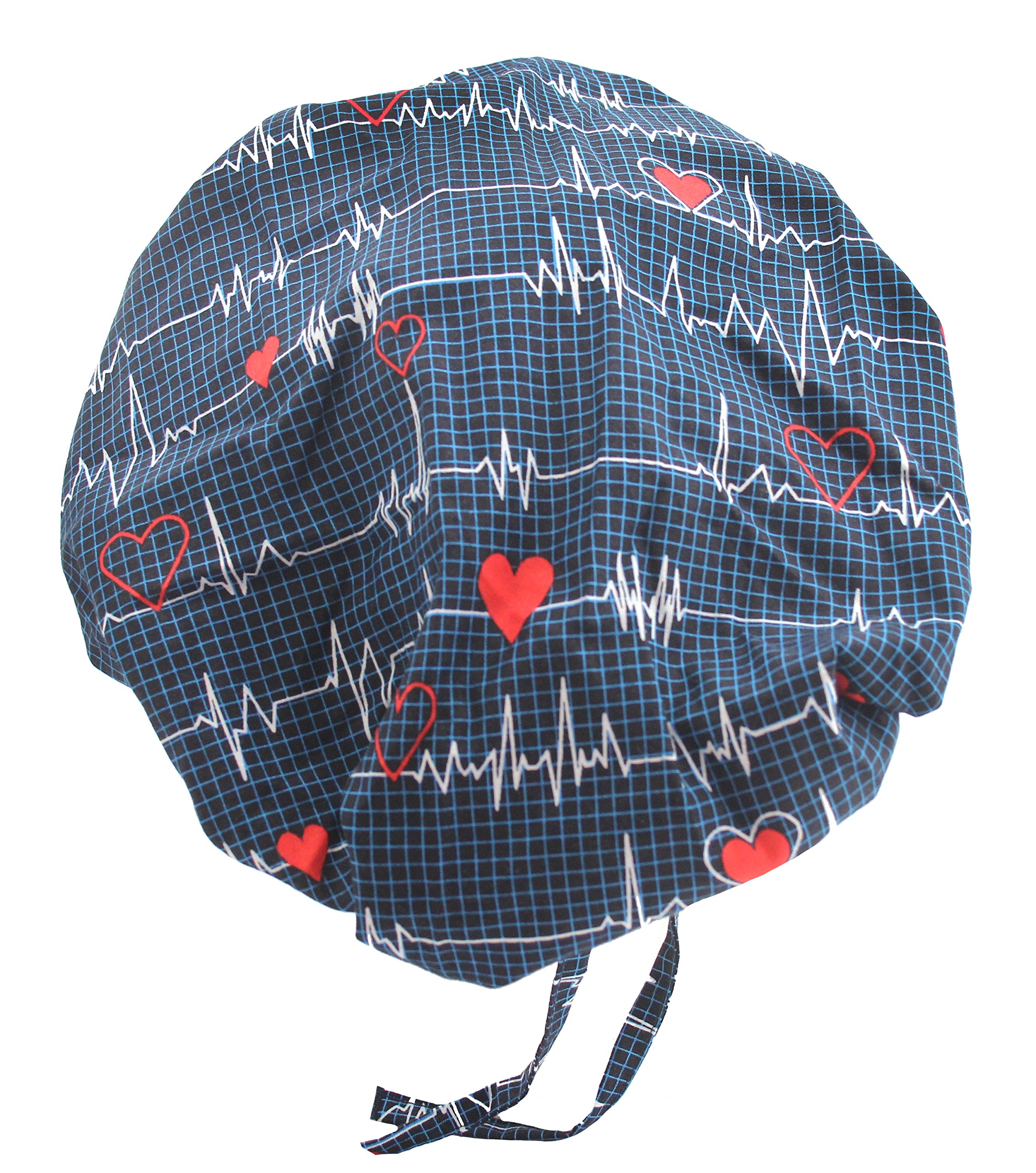 Bouffant Navy Blue Heart Beat EKG Scrub Cap with Adjustable tie