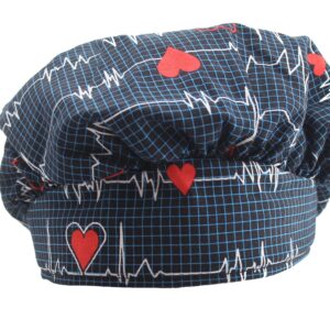 Bouffant Navy Blue Heart Beat EKG Scrub Cap with Adjustable tie