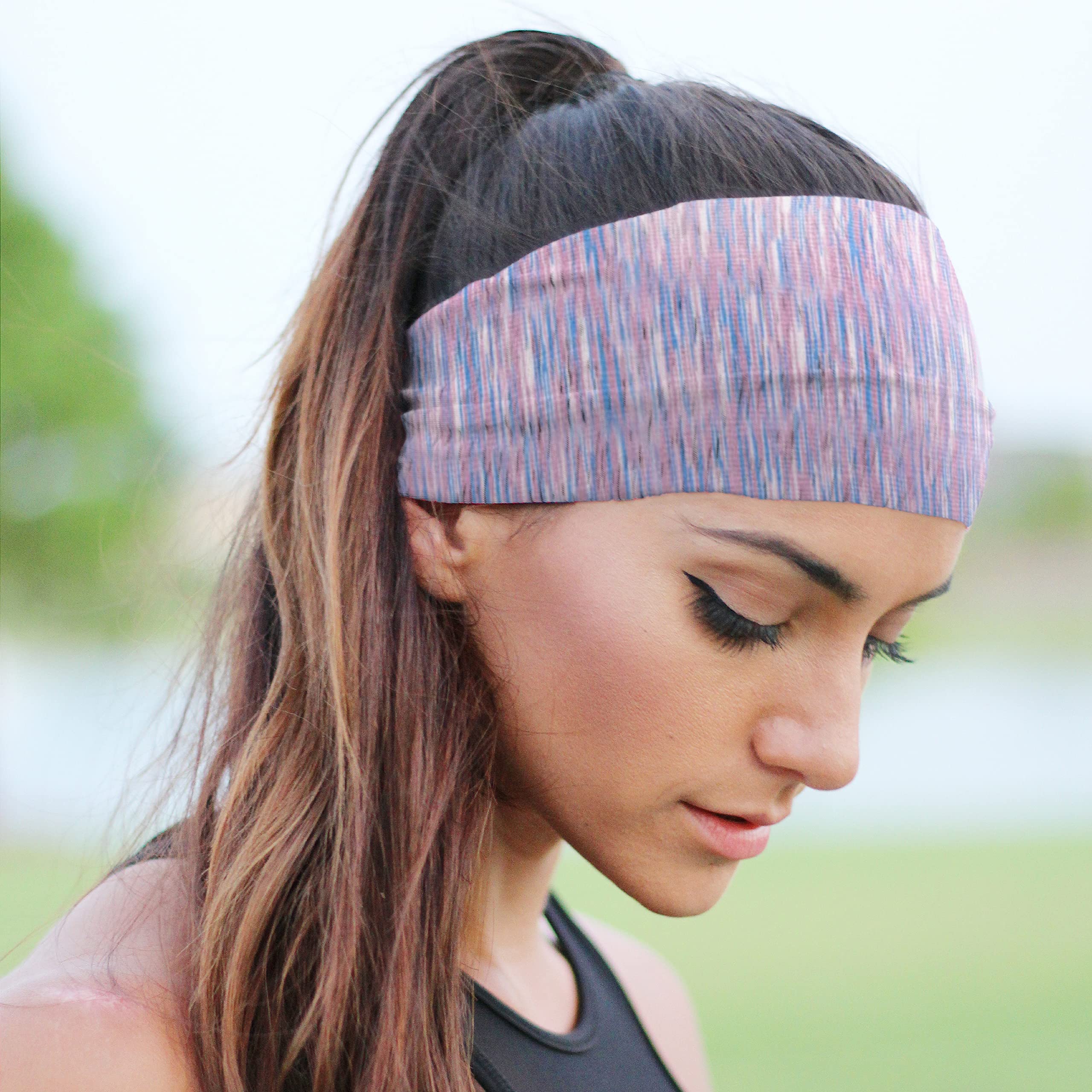 Bondi Band Headbands for Women, 4 Inch Tapered Running Headbands That Stay In Place, Absorbent, Moisture Wicking, Colorful Static Print, Mauve / Blue