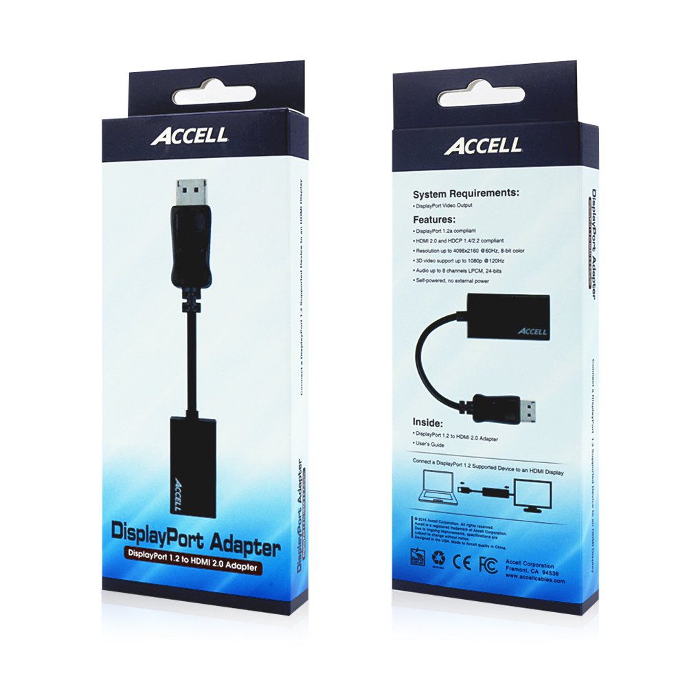 Accell DP to HDMI Adapter - DisplayPort 1.2 to HDMI 2.0 Active Adapter - 4K UHD @60Hz, 3D Resolutions up to 1920x1080@120Hz, Black (B086B-011B)