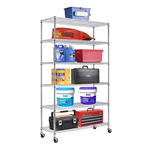 PayLessHere 6 Tier Commercial Grade Wire Shelving Unit Metal Shelf organizer Heavy Duty Storage Unit Wire Rack NSF Certification 2100LBS Capacity with Wheels-18x48x72