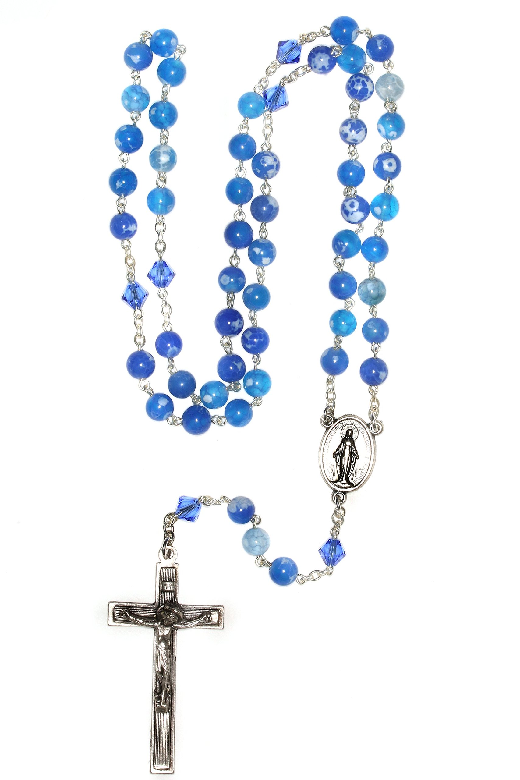 Gemstone Catholic Prayer Rosary - Includes "How to Pray the Rosary", Rosary Pouch and Gemstone meaning (Blue Agate - Silver)