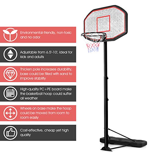 Giantex Portable Basketball Hoop Stand, Adjustable Height 6.5-10 ft, 43Inch Backboard, Portable Basketball Hoop & Goal Basketball System Stand for Kids Youth Indoor Outdoor Use