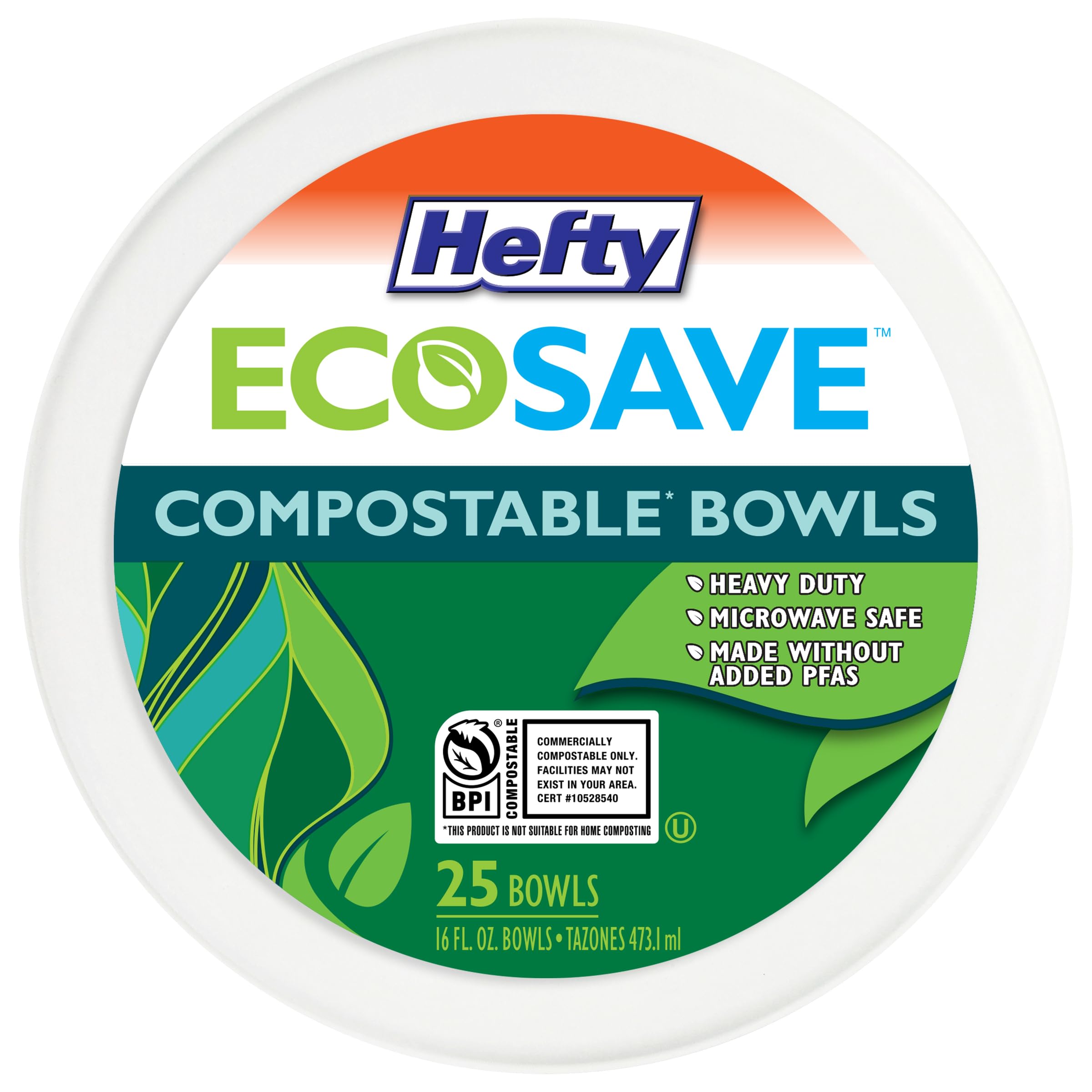 Hefty ECOSAVE Compostable Bowl, 16 Ounce , 25 Count