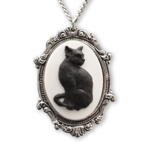 Real Metal Black Cat Cameo in Antique Silver Finish Pewter Frame Pendant Necklace