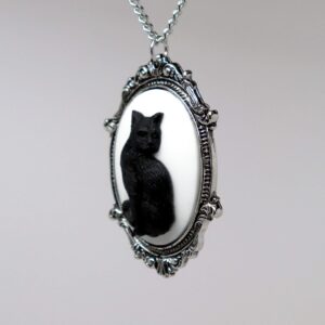 Real Metal Black Cat Cameo in Antique Silver Finish Pewter Frame Pendant Necklace