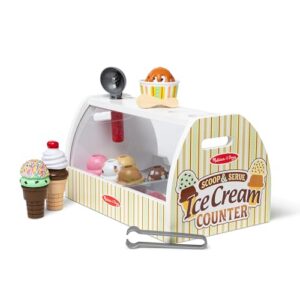 Melissa & Doug Wooden Scoop and Serve Ice Cream Counter (28 pcs) - Play Food and Accessories - Pretend Food Toys, Ice Cream Shop Toys For Kids Ages 3+