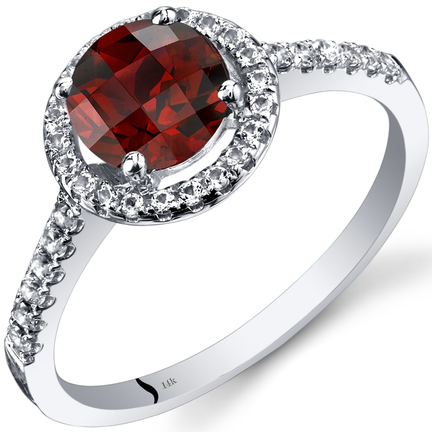 PEORA Garnet Ring for Women 14K White Gold with White Topaz, Genuine Gemstone Birthstone, 1.25 Carats Round Shape 6.5mm, Halo Design, Size 9