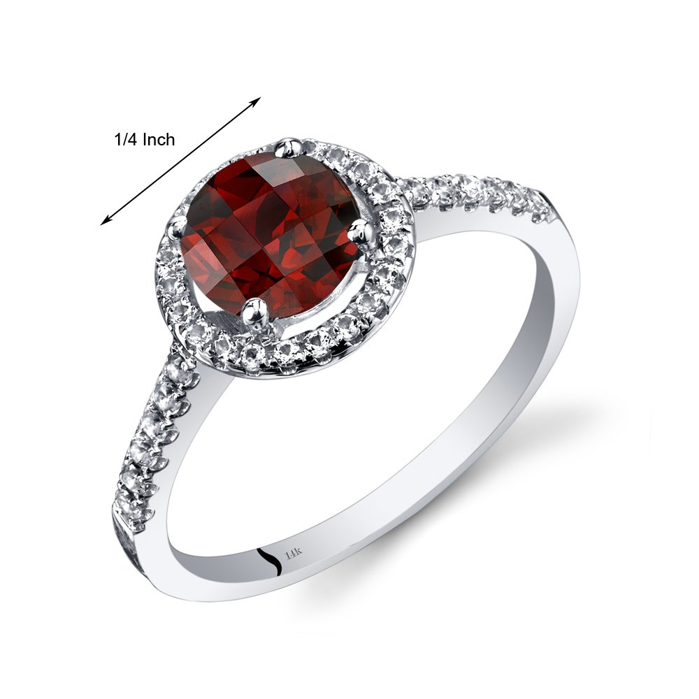 PEORA Garnet Ring for Women 14K White Gold with White Topaz, Genuine Gemstone Birthstone, 1.25 Carats Round Shape 6.5mm, Halo Design, Size 9