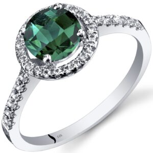 peora created emerald ring for women 14k white gold with genuine white topaz, 1 carat round shape 6.5mm, halo design, size 9