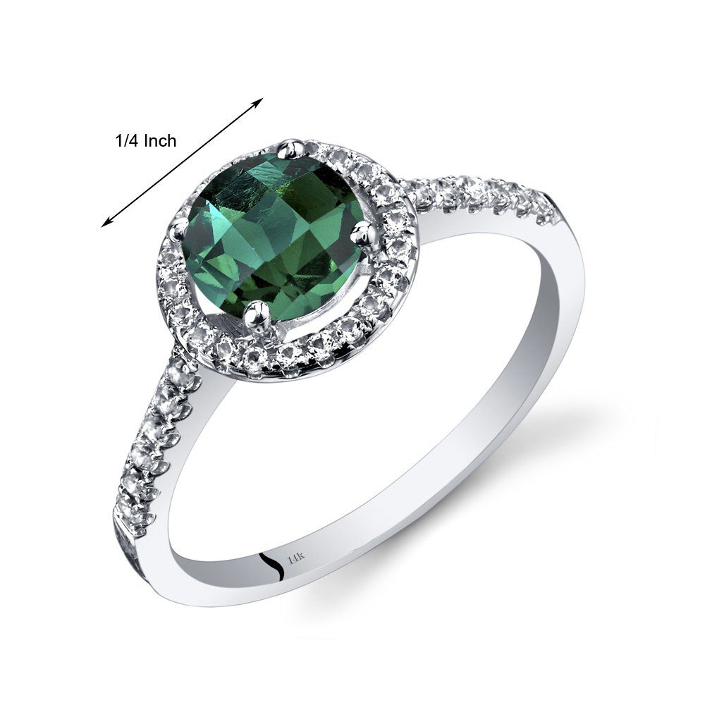 PEORA Created Emerald Ring for Women 14K White Gold with Genuine White Topaz, 1 Carat Round Shape 6.5mm, Halo Design, Size 9