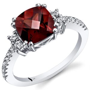 peora garnet ring for women in 14k white gold with white topaz, genuine gemstone birthstone, designer 2.50 carats cushion cut 8mm, size 6