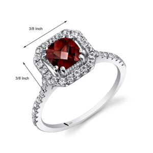 PEORA Garnet Ring for Women 14K White Gold with White Topaz, Genuine Gemstone Birthstone, 1.38 Carats total Cushion Cut 6mm, Halo Design, Size 5