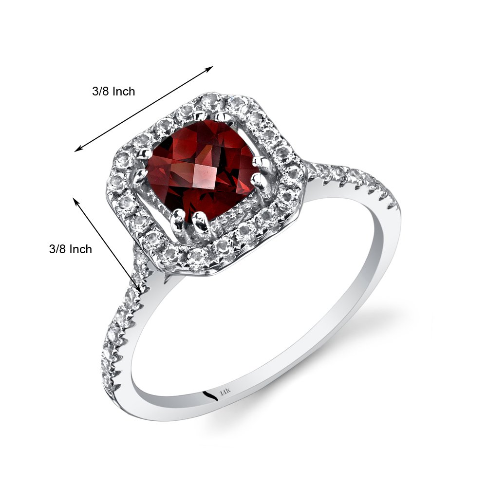 PEORA Garnet Ring for Women 14K White Gold with White Topaz, Genuine Gemstone Birthstone, 1.38 Carats total Cushion Cut 6mm, Halo Design, Size 5