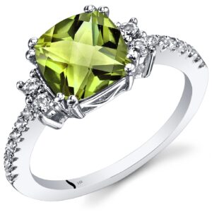 peora peridot ring for women in 14k white gold with white topaz, natural gemstone birthstone, designer 2.53 carats total, 8mm cushion cut, comfort fit, size 5