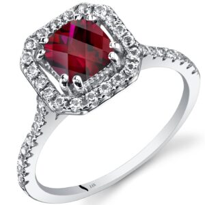 peora created ruby ring for women 14k white gold with genuine white topaz, 1 carat cushion cut 6mm, halo design, size 8