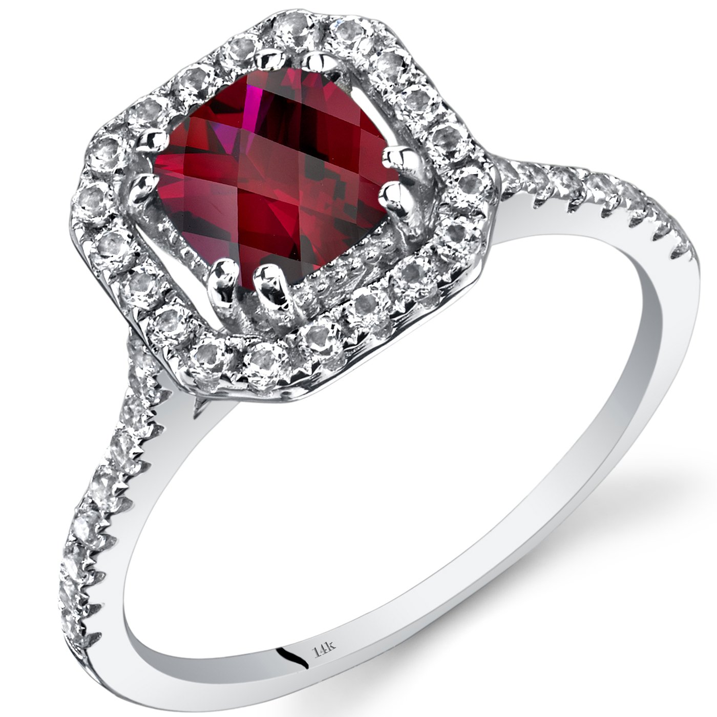 PEORA Created Ruby Ring for Women 14K White Gold with Genuine White Topaz, 1 Carat Cushion Cut 6mm, Halo Design, Size 8