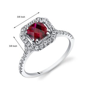 PEORA Created Ruby Ring for Women 14K White Gold with Genuine White Topaz, 1 Carat Cushion Cut 6mm, Halo Design, Size 8