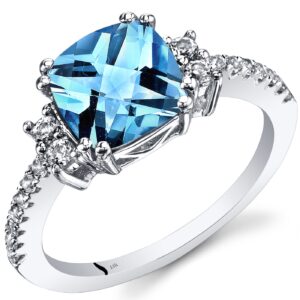 peora swiss blue topaz ring for women 14k white gold with white topaz, natural gemstone birthstone, designer 2.50 carats cushion cut 8mm, comfort fit, size 5