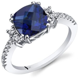 peora solid 14k white gold created blue sapphire ring with genuine white topaz, 3 carats, cushion cut, 8mm, size 5