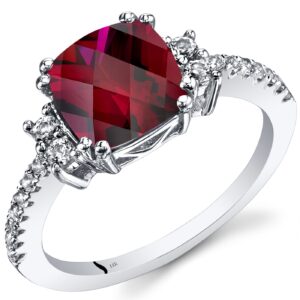 peora created ruby ring for women 14k white gold with genuine white topaz, designer 3 carats cushion cut 8mm, comfort fit, size 7