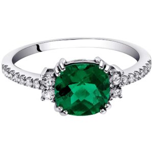 PEORA Created Emerald Ring in 14K White Gold with Genuine White Topaz, Designer Cushion Cut, 2 Carats, Comfort Fit, Size 8