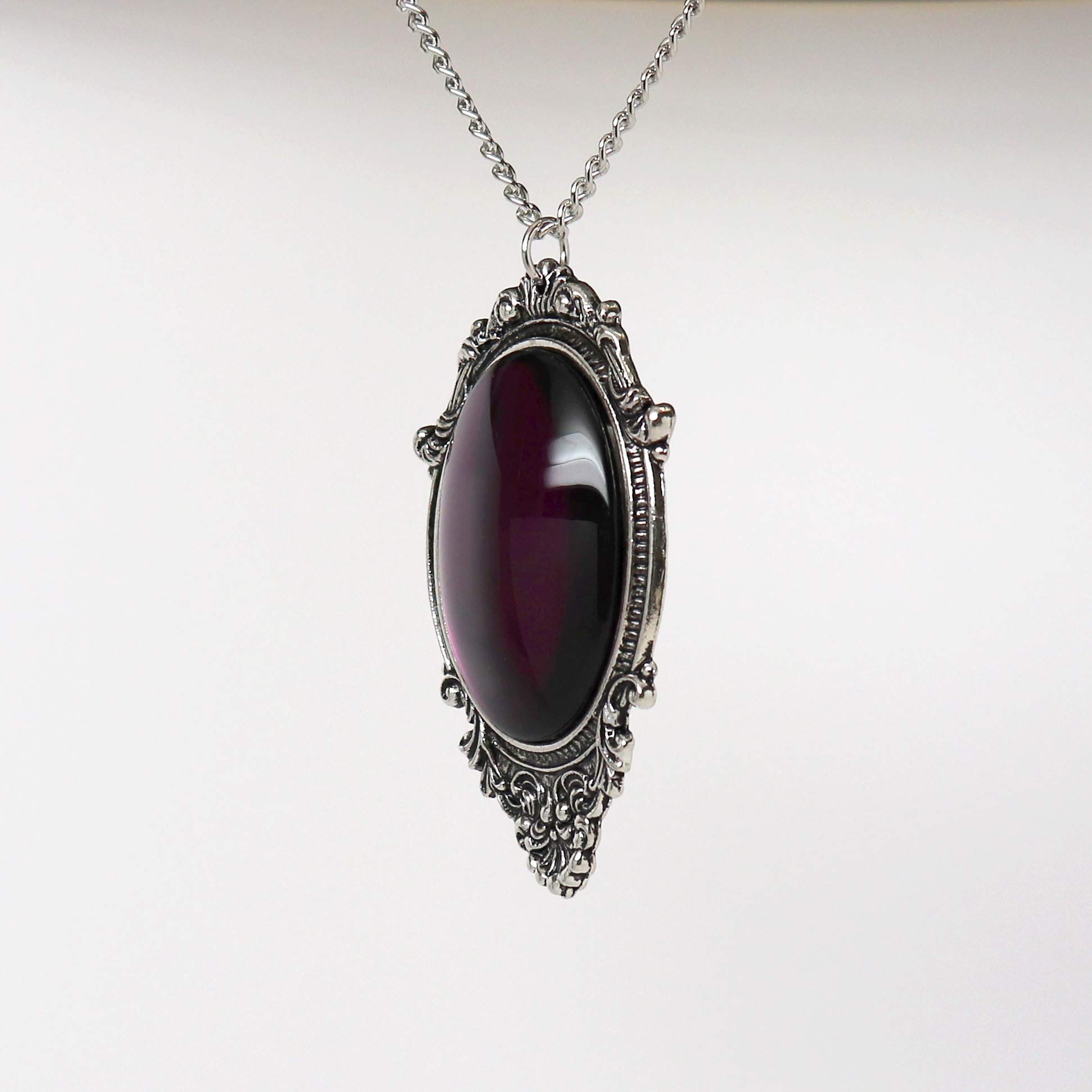 Real Metal Purple Cabochon in Antiqued Silver Finish Pewter Frame Pendant Necklace