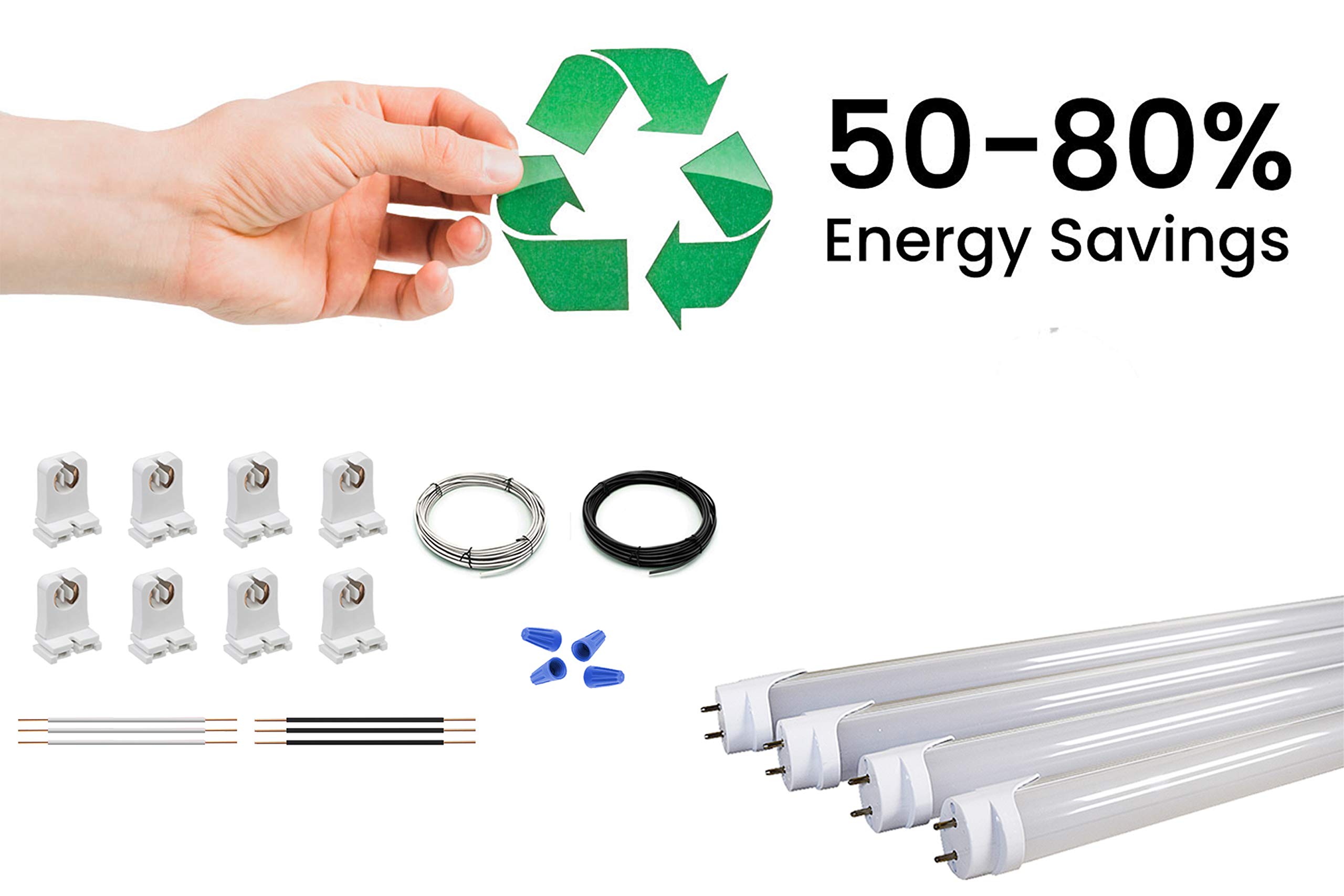 ORILIS 4 Light Fluorescent to LED Retrofit Conversion Kit - Includes (8) Lamp Holders, (4) 4 Ft. Orilis 24W 6500K LED T8 Tubes, (4) Wire Nuts, Copper Wires