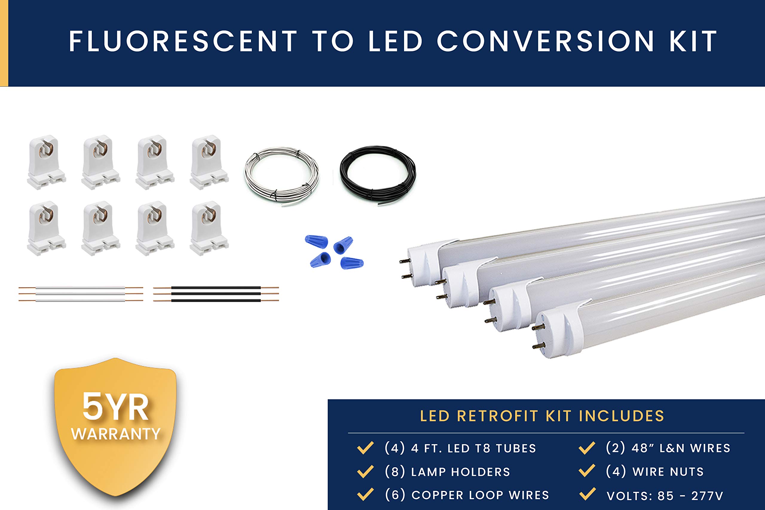 ORILIS 4 Light Fluorescent to LED Retrofit Conversion Kit - Includes (8) Lamp Holders, (4) 4 Ft. Orilis 24W 6500K LED T8 Tubes, (4) Wire Nuts, Copper Wires