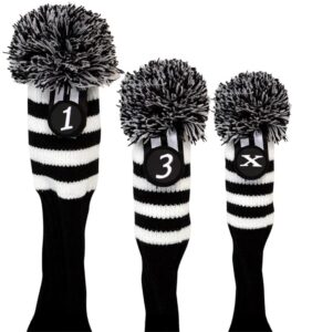 pacific golf clubs head covers 1 3 x black and white knit retro old school vintage stripe pom pom throwback classic