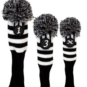 Pacific Golf Clubs Head Covers 1 3 X Black and White Knit Retro Old School Vintage Stripe Pom Pom Throwback Classic