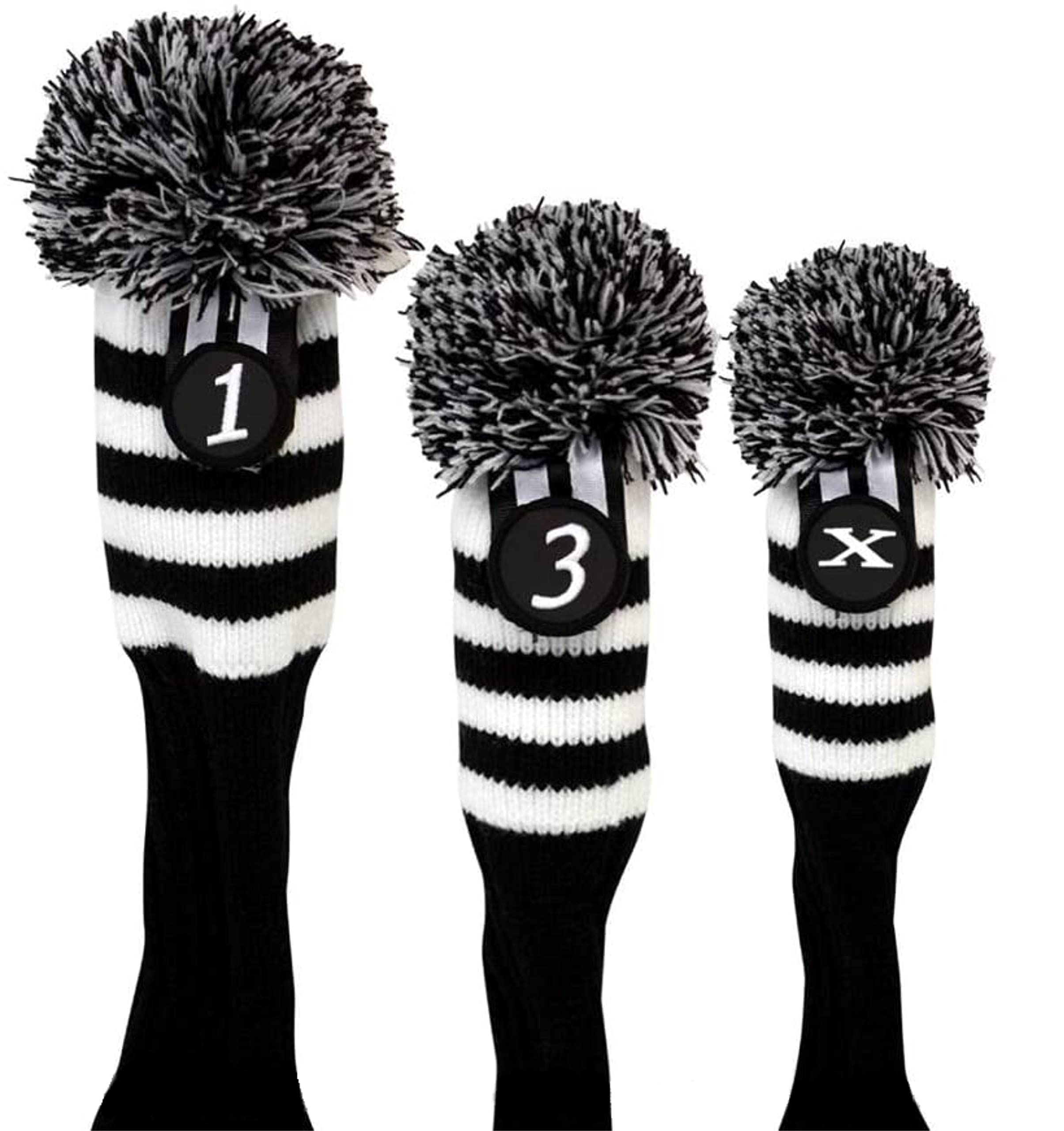 Pacific Golf Clubs Head Covers 1 3 X Black and White Knit Retro Old School Vintage Stripe Pom Pom Throwback Classic