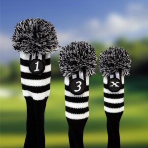 Pacific Golf Clubs Head Covers 1 3 X Black and White Knit Retro Old School Vintage Stripe Pom Pom Throwback Classic