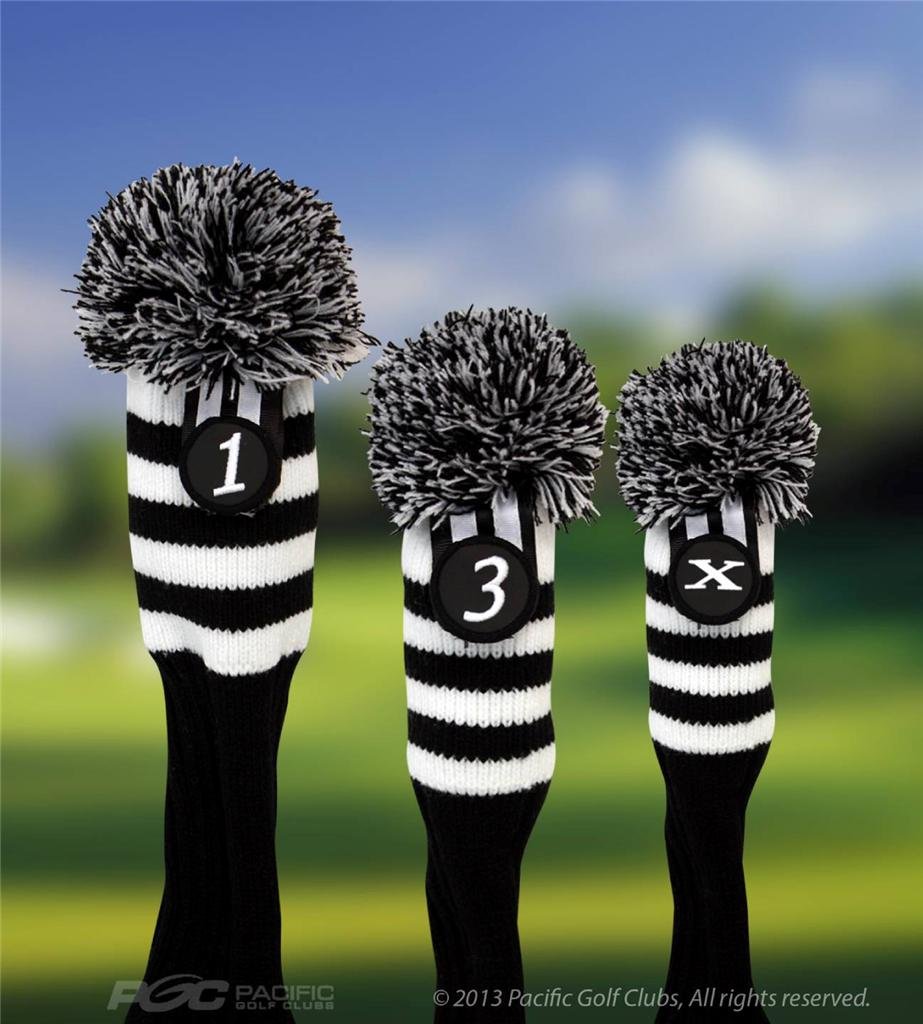 Pacific Golf Clubs Head Covers 1 3 X Black and White Knit Retro Old School Vintage Stripe Pom Pom Throwback Classic