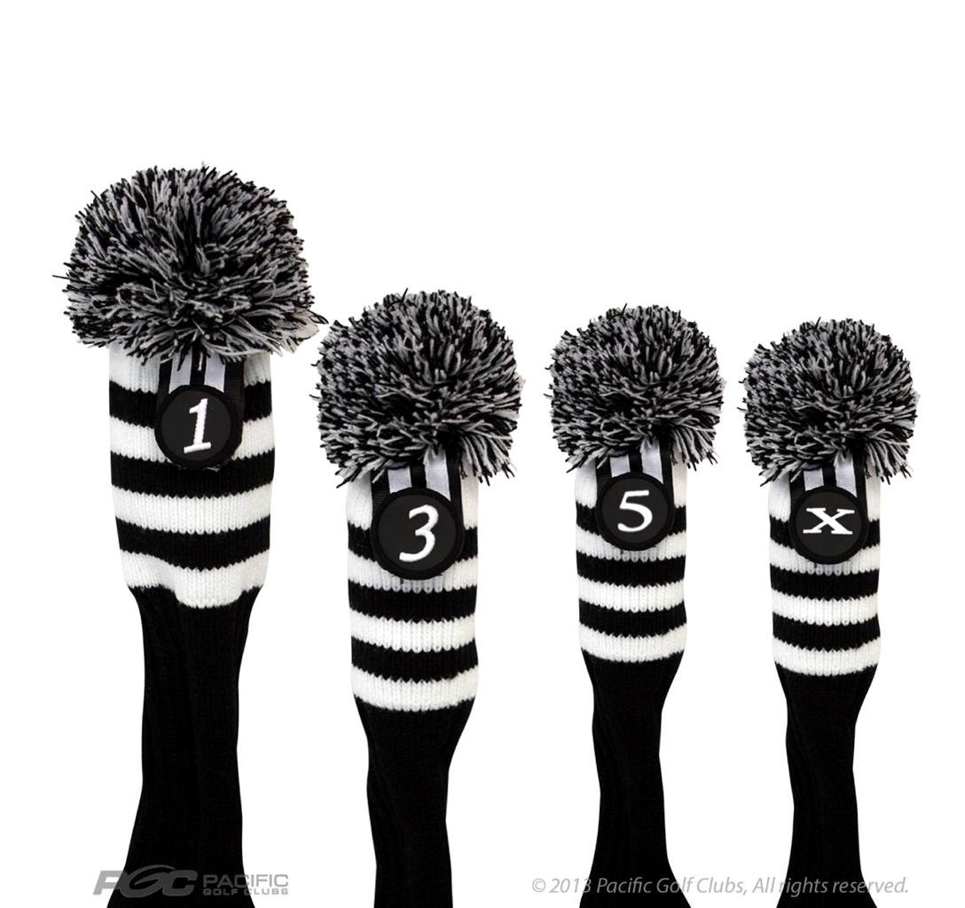 Pacific Golf Clubs Head Covers 1 3 5 X Black and White Knit Retro Old School Vintage Stripe Pom Pom Throwback Classic