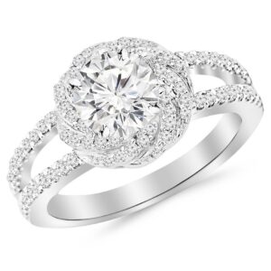 2.51 carat t.w. round shape/center silver pave set halo style floral split shank cz engagement ring