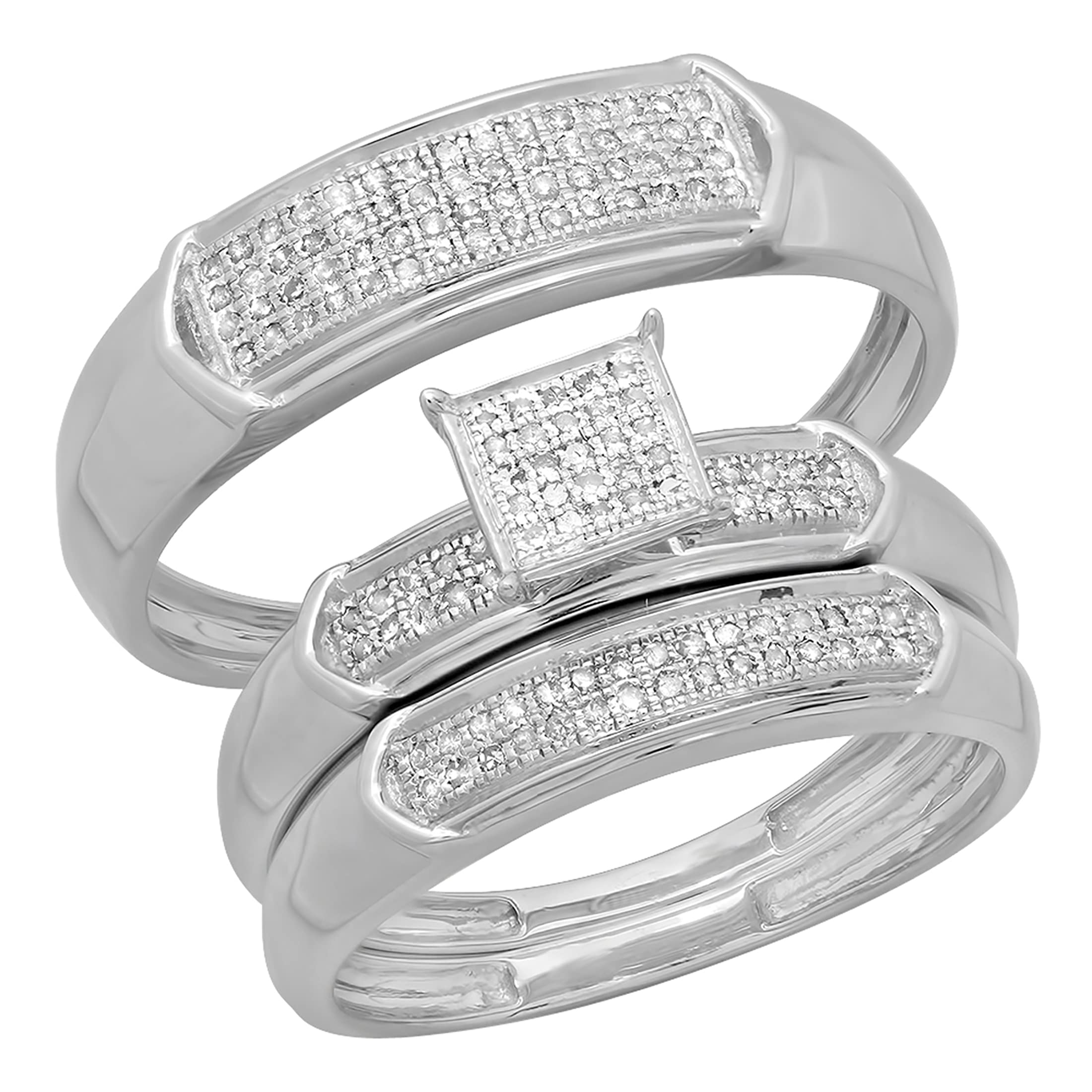 Dazzlingrock Collection 0.30 Carat (ctw) Round White Diamond Square Framed Wedding Trio Ring Set in 925 Sterling Silver, Women size 7 & Men size 7