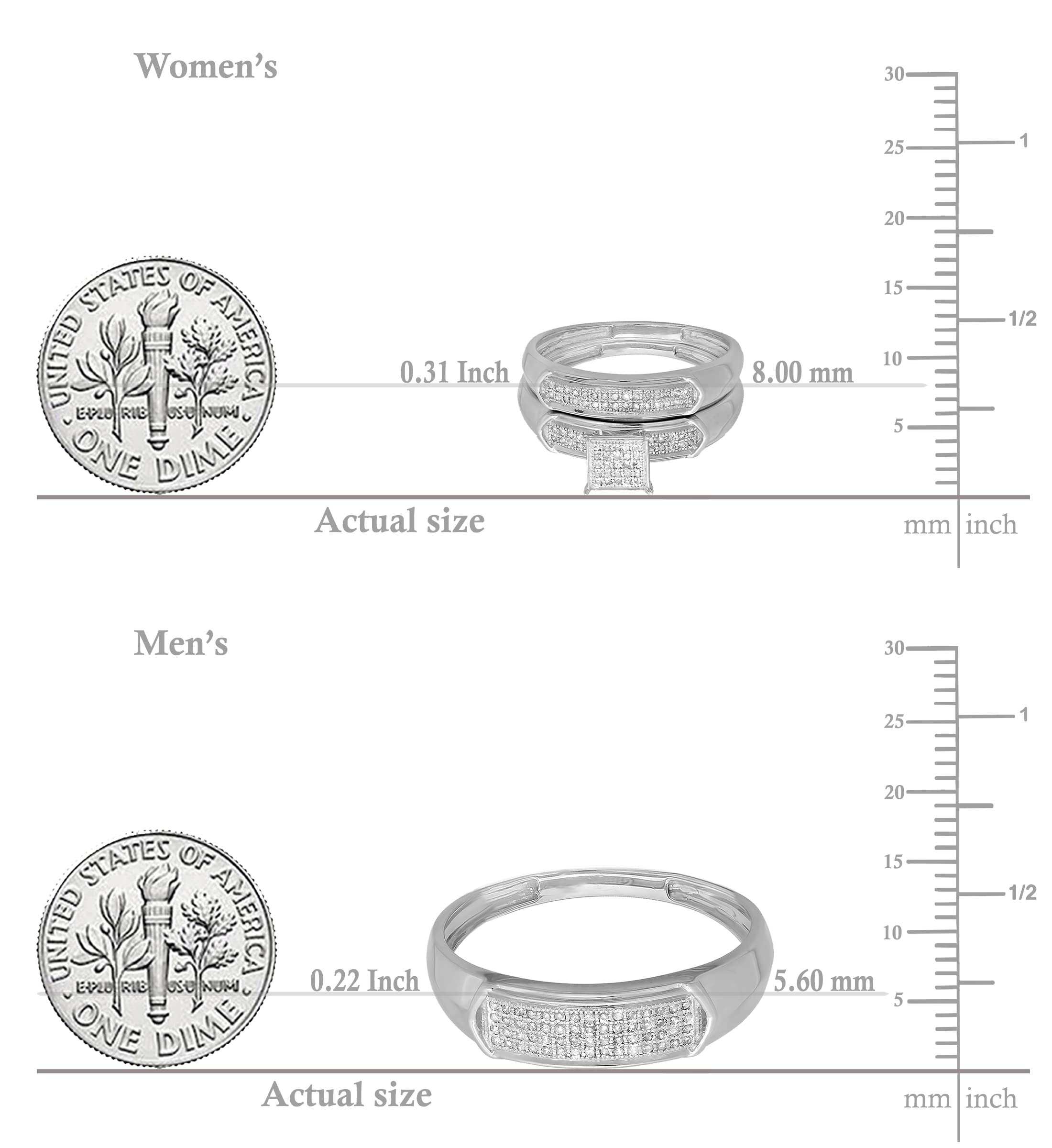 Dazzlingrock Collection 0.30 Carat (ctw) Round White Diamond Square Framed Wedding Trio Ring Set in 925 Sterling Silver, Women size 7 & Men size 7