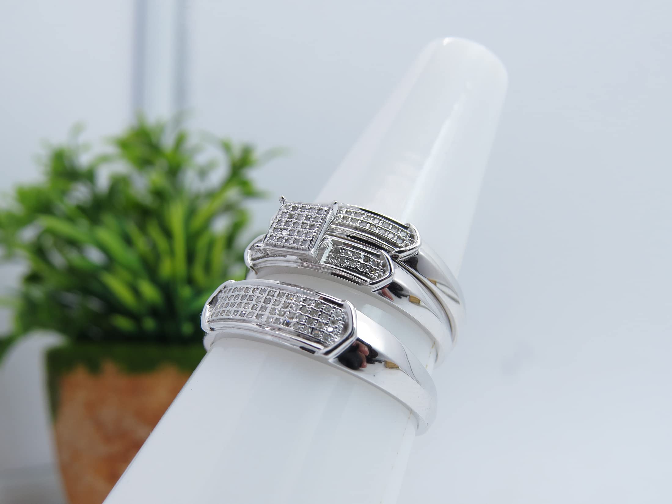 Dazzlingrock Collection 0.30 Carat (ctw) Round White Diamond Square Framed Wedding Trio Ring Set in 925 Sterling Silver, Women size 7 & Men size 7