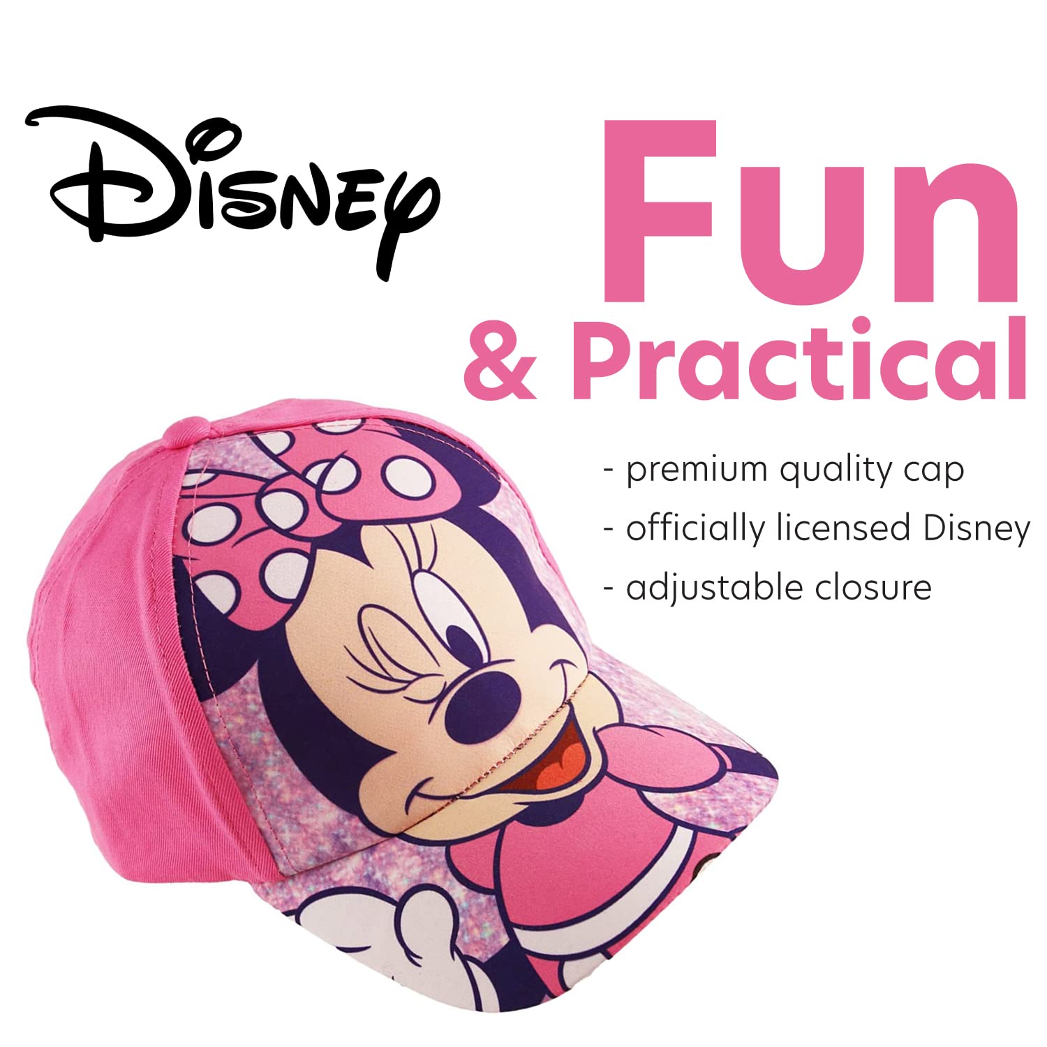 Disney Little Baseball Cap, Minnie Mouse Adjustable Girl Hats for Kids Ages 4-7, Pink