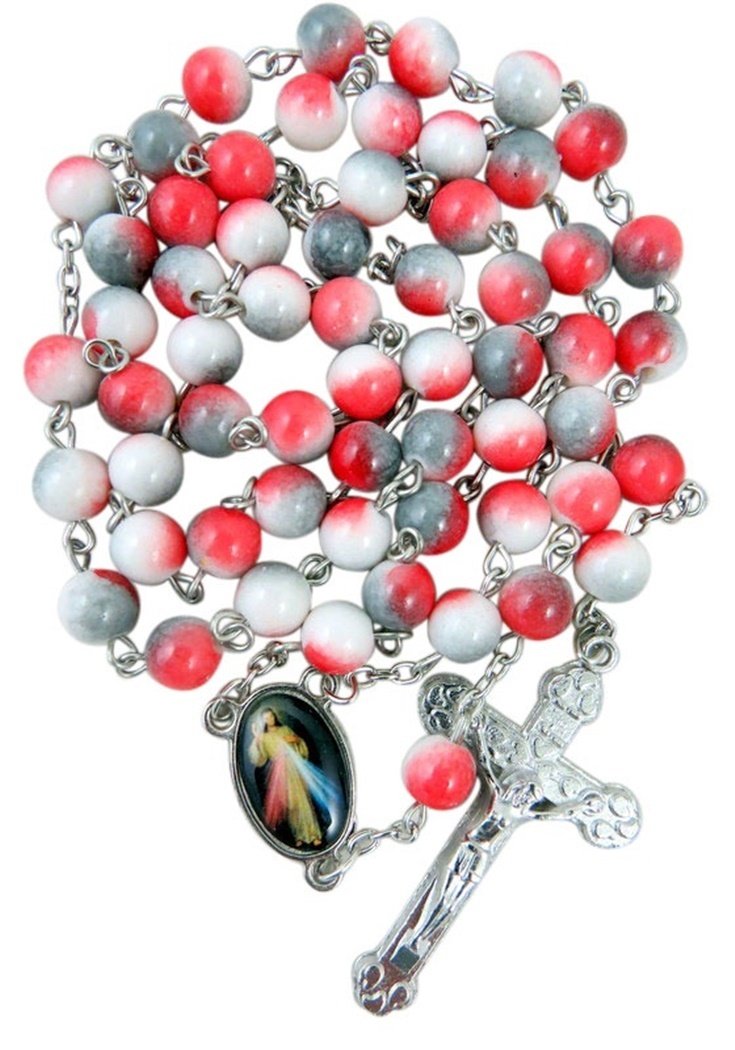 Religious Gifts Marble Tone Prayer Bead Rosary with Divine Mercy Icon Centerpiece, 20 Inch