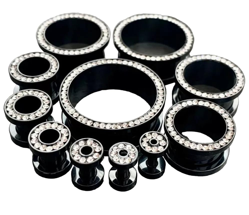 Lobal Domination PAIR of Stunning Clear CZ Gem Rimmed Black PVD Steel Screw Fit Tunnels - Plugs - Gauges - Body Jewelry (00g (10mm))