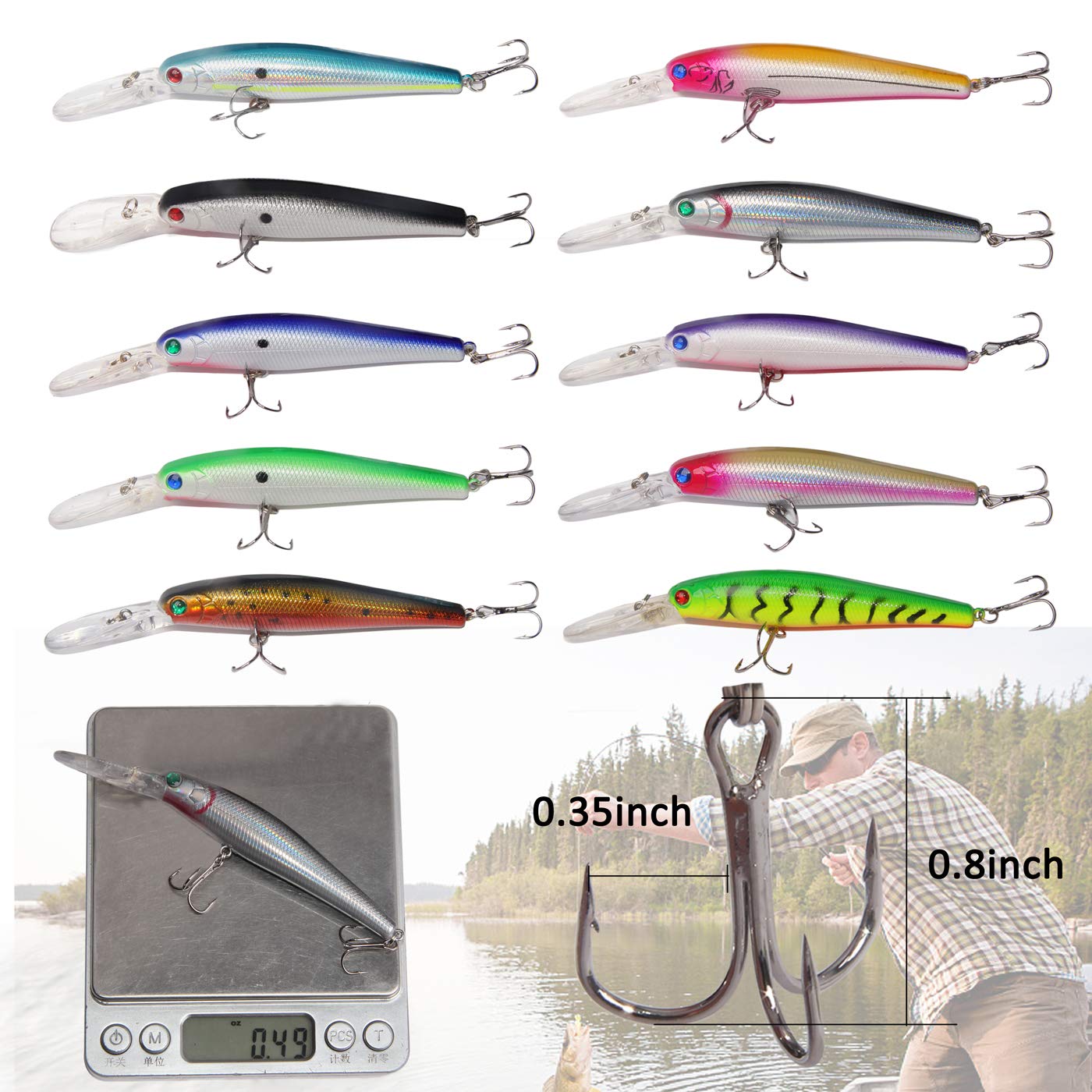 10pcs Fishing Lures Hard Bait Minnow Deep Diving Swimbait Walleye Lures Topwater Lures Bait for Bass Trout Pike Freshwater Saltwater Lures Kit