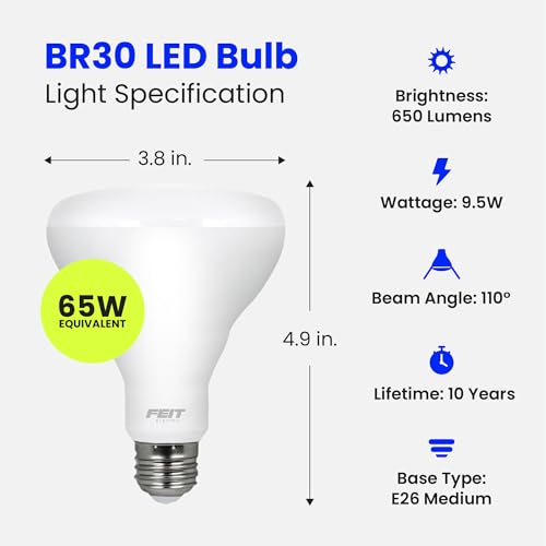 Feit Electric BR30 LED Light Bulbs, 65W Equivalent, Non Dimmable, 10 Year Life, 650 Lumens, 2700K Soft White, E26 Base Recessed Can Light Bulbs, Flood Light Bulbs, Damp Rated, 3 Pack, BR30/10KLED/3