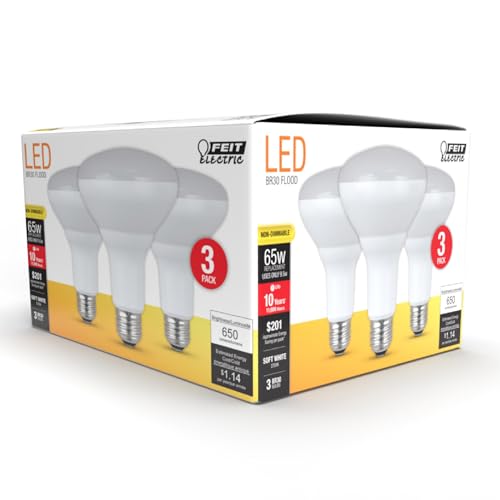 Feit Electric BR30 LED Light Bulbs, 65W Equivalent, Non Dimmable, 10 Year Life, 650 Lumens, 2700K Soft White, E26 Base Recessed Can Light Bulbs, Flood Light Bulbs, Damp Rated, 3 Pack, BR30/10KLED/3