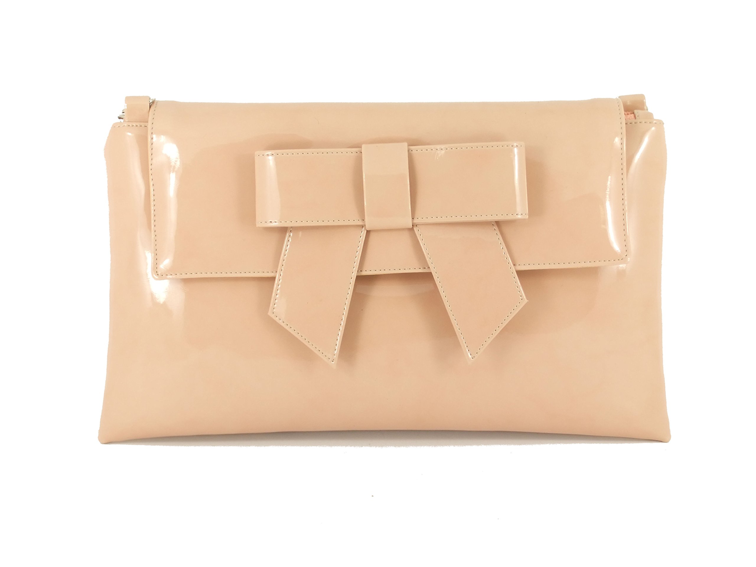 LONI Womens Clutch Bag Shoulder Bag Wristlet in Patent Faux Leather in Nude Pink